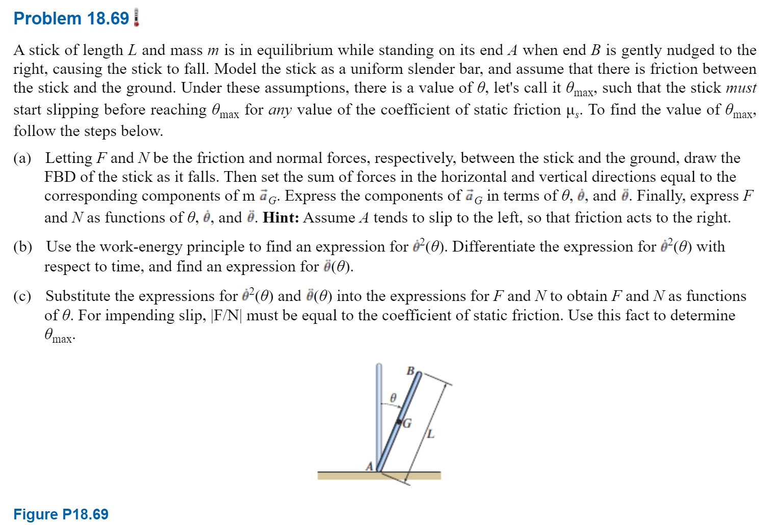 Solved Problem 18.69 |A stick of length L ﻿and mass m ﻿is in | Chegg.com