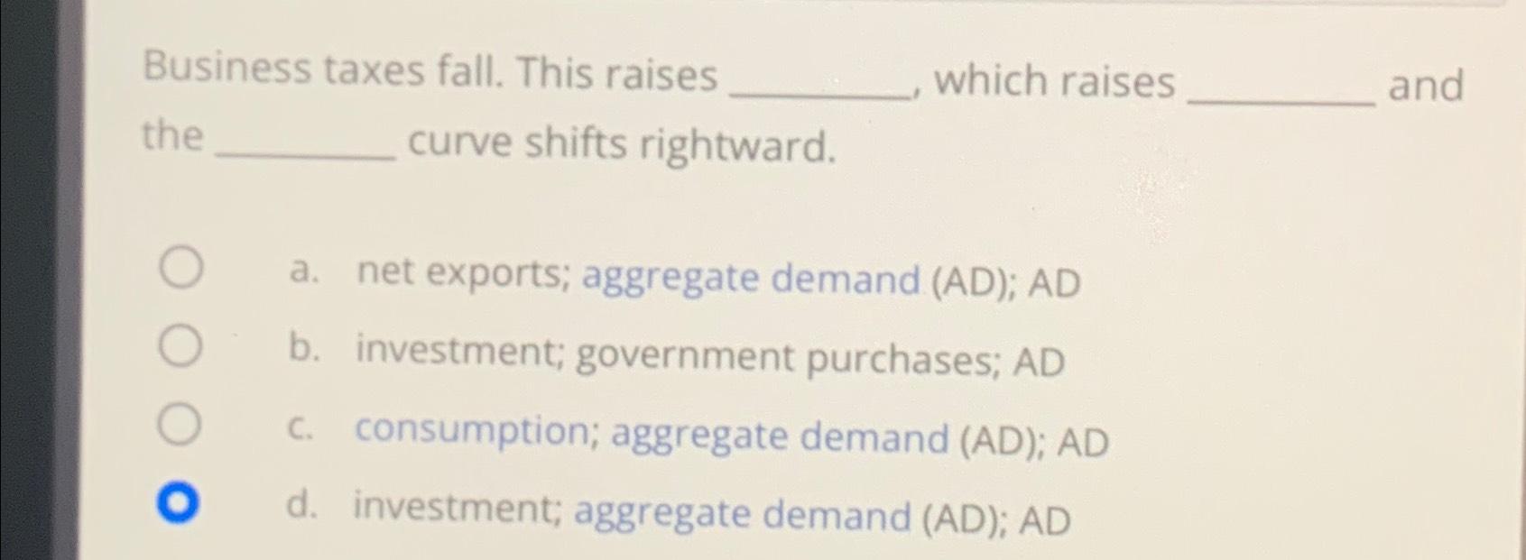 Solved Business taxes fall. This raises which raises and the | Chegg.com
