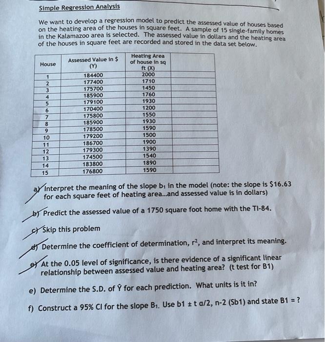 Solved Simple Regression Analysis We want to develop a | Chegg.com