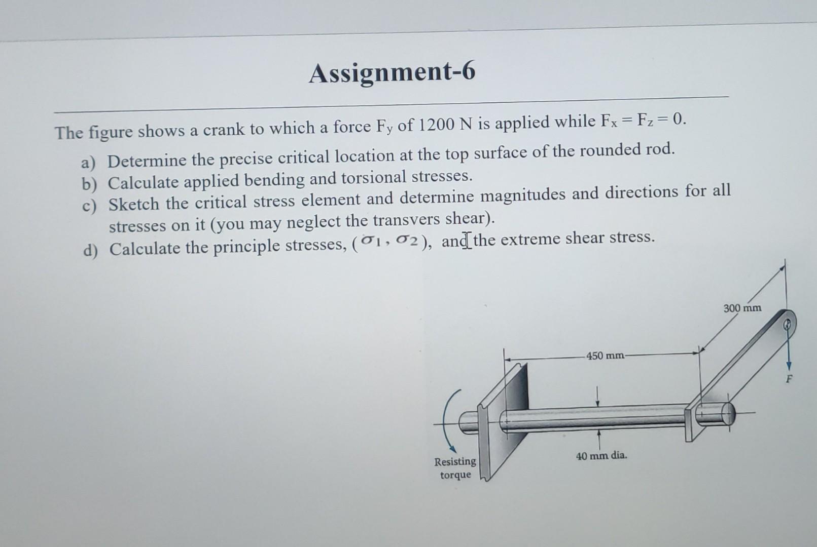 Solved The figure shows a crank to which a force Fy of 1200 | Chegg.com