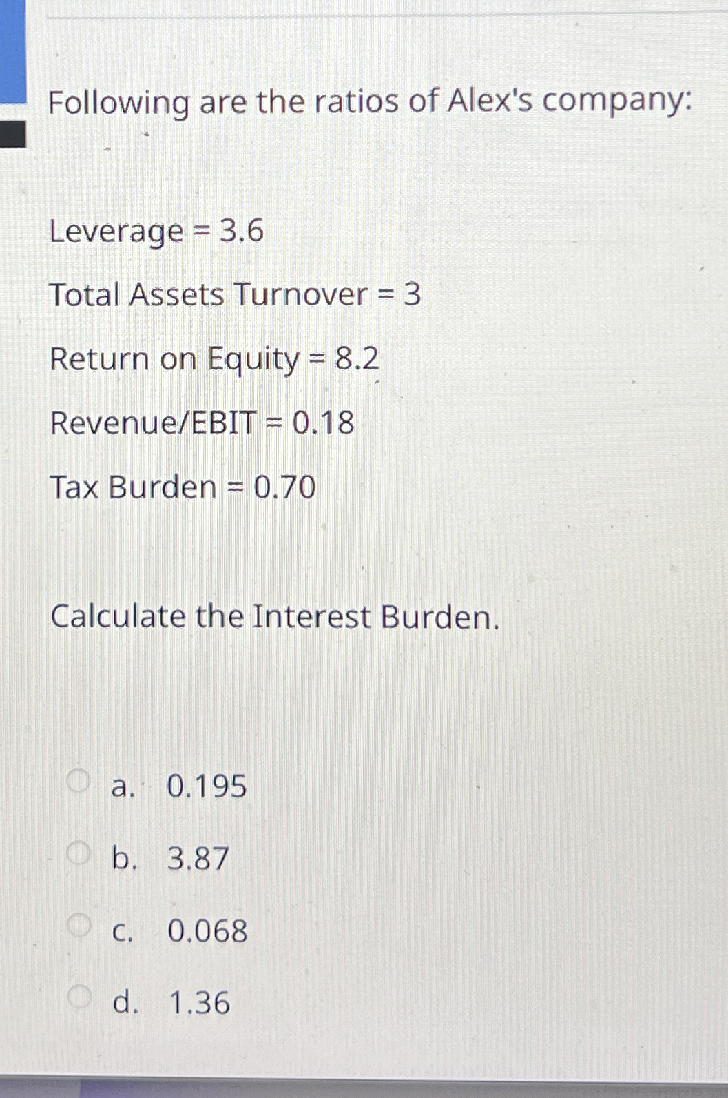 Solved Following are the ratios of Alex's company:Leverage | Chegg.com