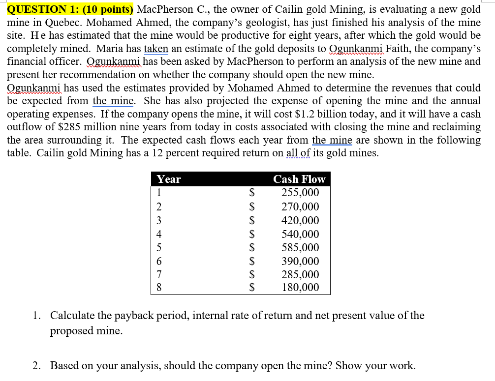 QUESTION 1: (10 ﻿points) ﻿MacPherson C., ﻿the owner | Chegg.com