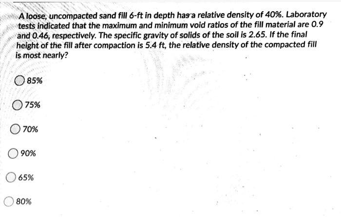 Solved A loose, uncompacted sand fill 6-ft in depth has a | Chegg.com