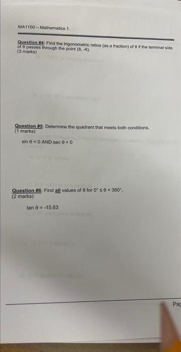 Solved Question H4: Find the trigonometric ratios (as a | Chegg.com