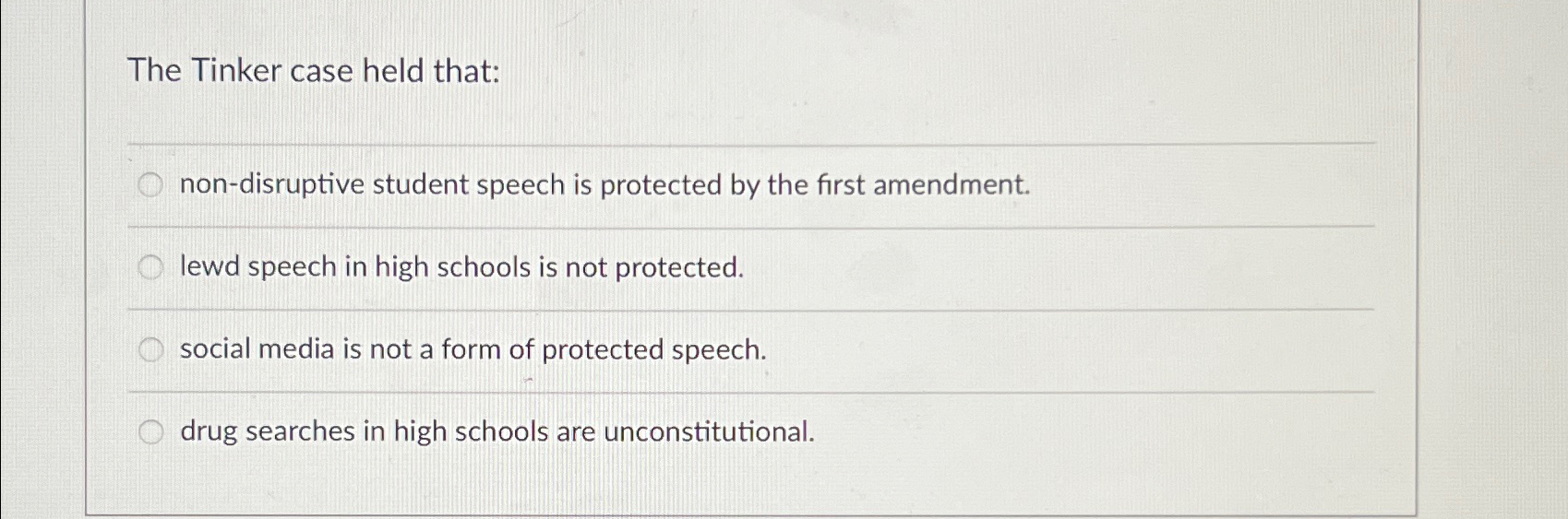 Solved The Tinker case held that:q,non-disruptive student | Chegg.com