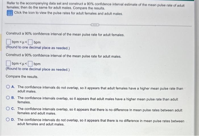 Solved Pulse Rates Pulse Rates (beats per minute)Refer to | Chegg.com