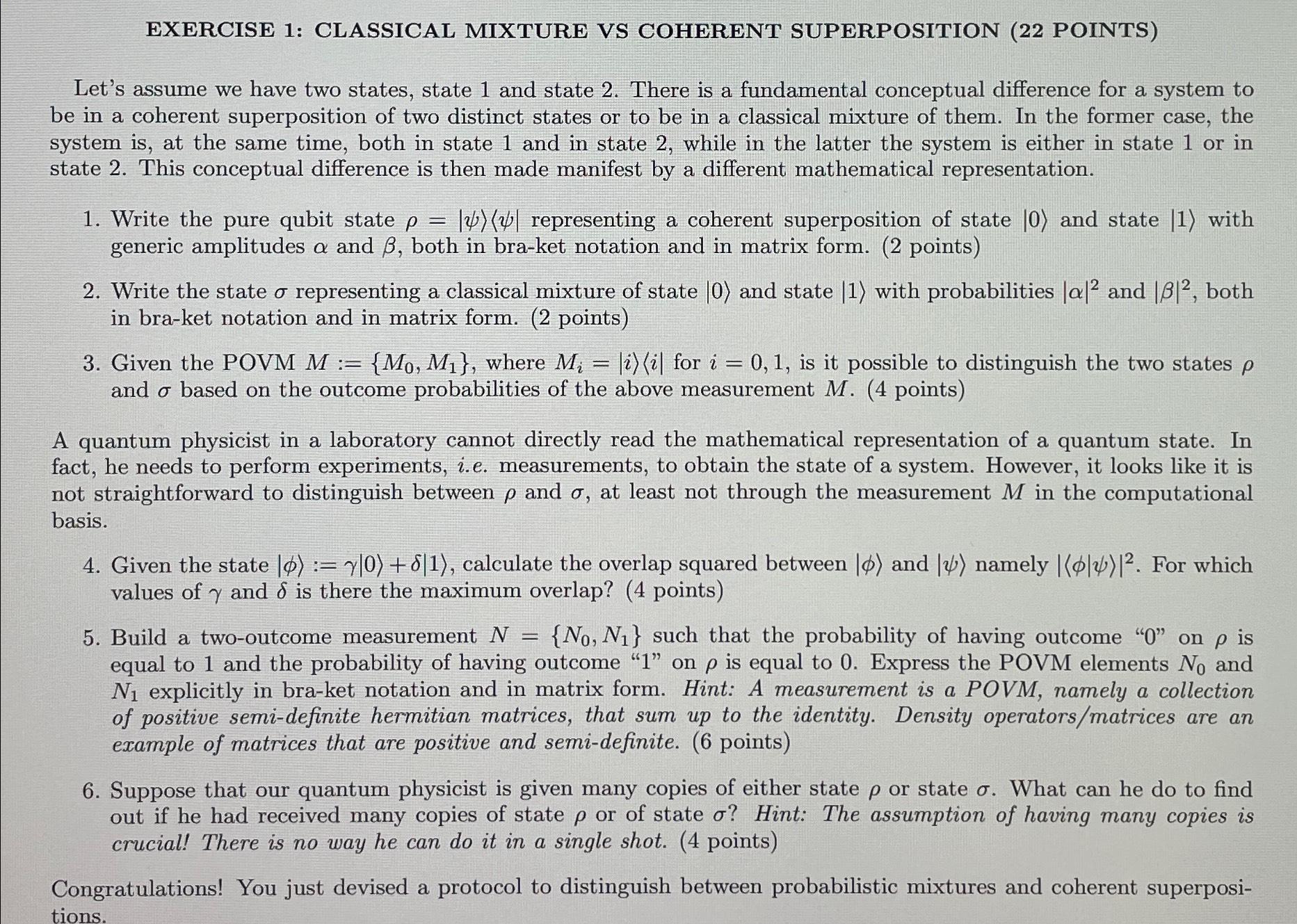Solved EXERCISE 1: CLASSICAL MIXTURE VS COHERENT | Chegg.com