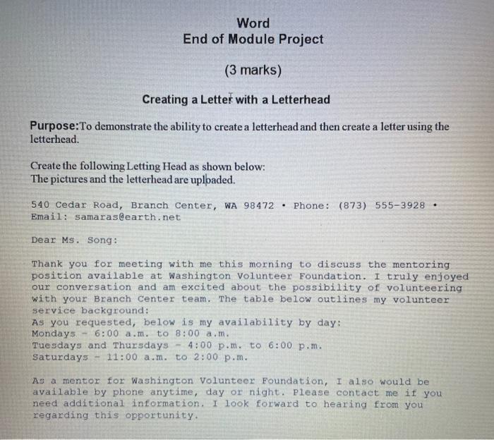 Solved Word End of Module Project (3 marks) Creating a | Chegg.com