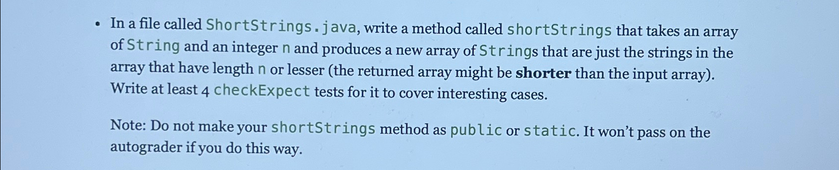 Solved In a file called ShortStrings . ﻿java, write a method | Chegg.com