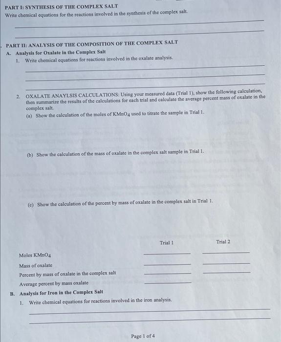 Solved PART I: SYNTHESIS OF THE COMPLEX SALT Write chemical | Chegg.com