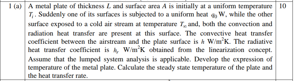 Solved 1 (a) A metal plate of thickness L and surface area A | Chegg.com