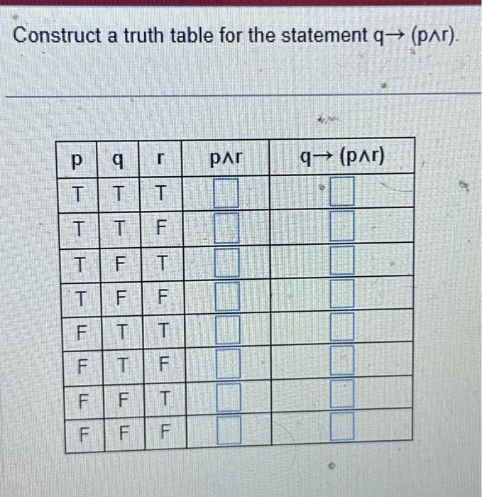 Solved Construct a truth table for the statement q→(p∧r). | Chegg.com