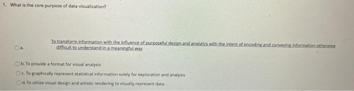 Solved 1. What is the core purpose of data visualization? To | Chegg.com