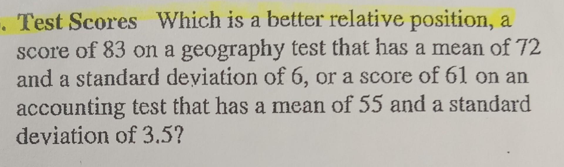 Solved Test Scores Which is a better relative position, a | Chegg.com