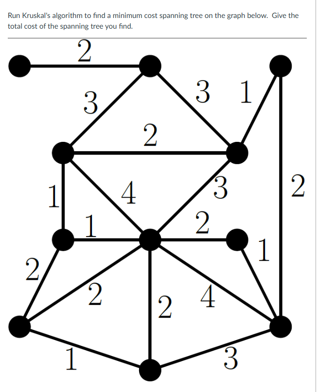 Solved by an EXPERT Run Kruskal's algorithm to find a minimum cost | Chegg.com