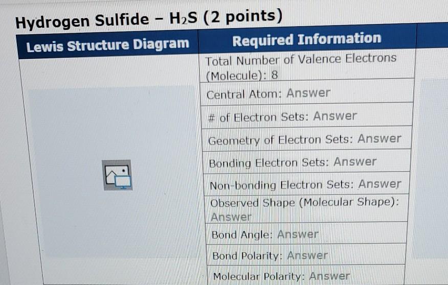 Solved Hydrogen Sulfide - H2S (2 points) Lewis Structure | Chegg.com