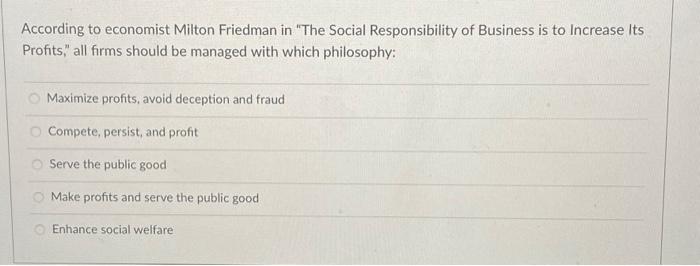 Solved According to economist Milton Friedman in "The Social | Chegg.com