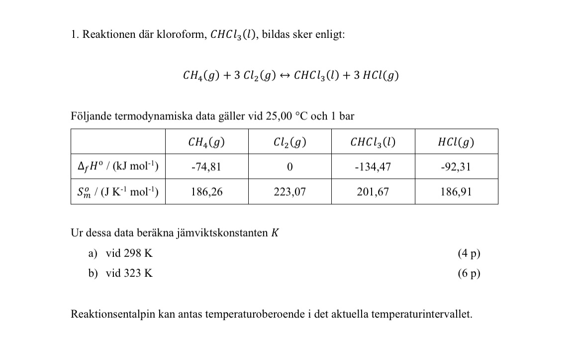 Reaktionen där kloroform, CHCl3(l), ﻿bildas sker | Chegg.com