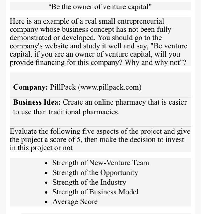 Solved "Be the owner of venture capital" Here is an example | Chegg.com