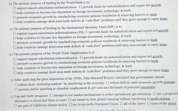 n) The primary purpose of lending by the World Bank | Chegg.com