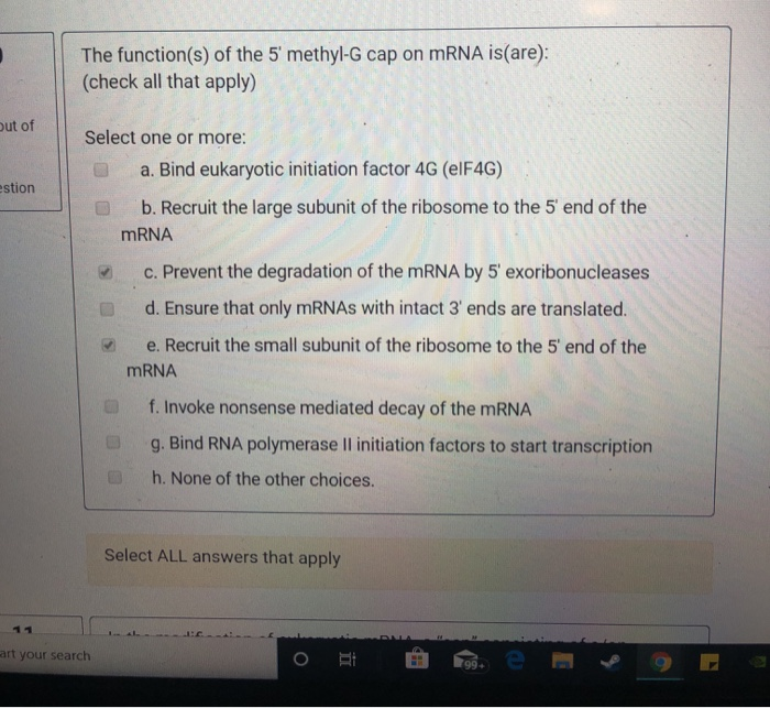 Solved The function(s) of the 5' methyl-G cap on mRNA | Chegg.com