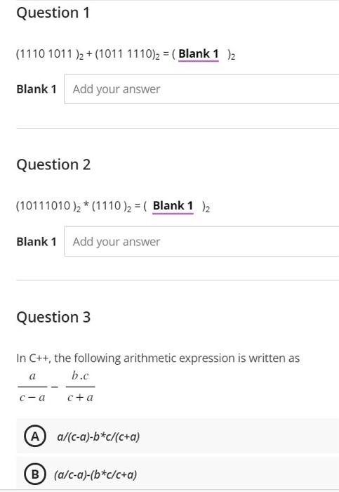 Solved Question 1 (11101011)2+(10111110)2=( Blank 1)2 Blank | Chegg.com
