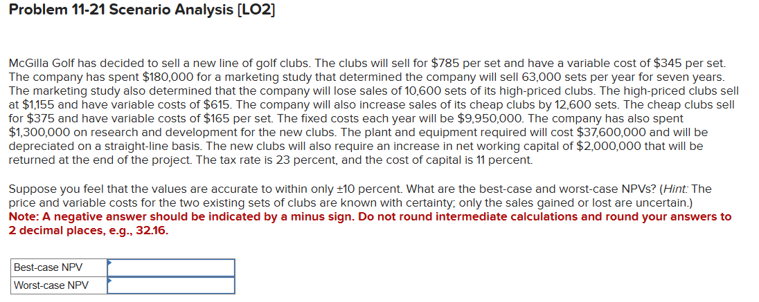 Solved Problem 11-21 ﻿Scenario Analysis [LO2] ﻿McGilla Golf | Chegg.com