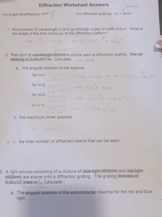 Solved Diffraction Worksheet Answers dffntisn For | Chegg.com