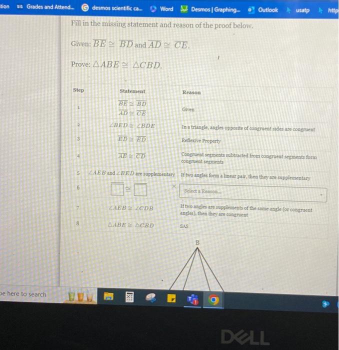 Fill in the missing statement and reason of the proof | Chegg.com