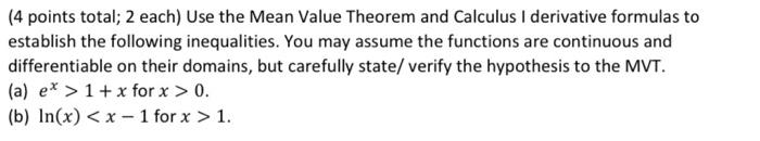 Solved (4 points total; 2 each) Use the Mean Value Theorem | Chegg.com