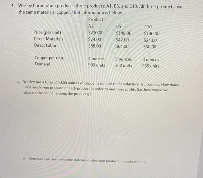 Solved Wesley Corporation produces three products: A1, B5, | Chegg.com