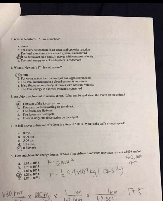 Solved 1. What is Newton's 1 law of motion? a. F-ma b. For | Chegg.com