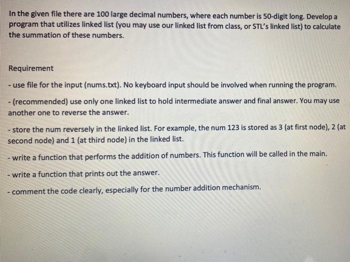 Solved In the given file there are 100 large decimal | Chegg.com
