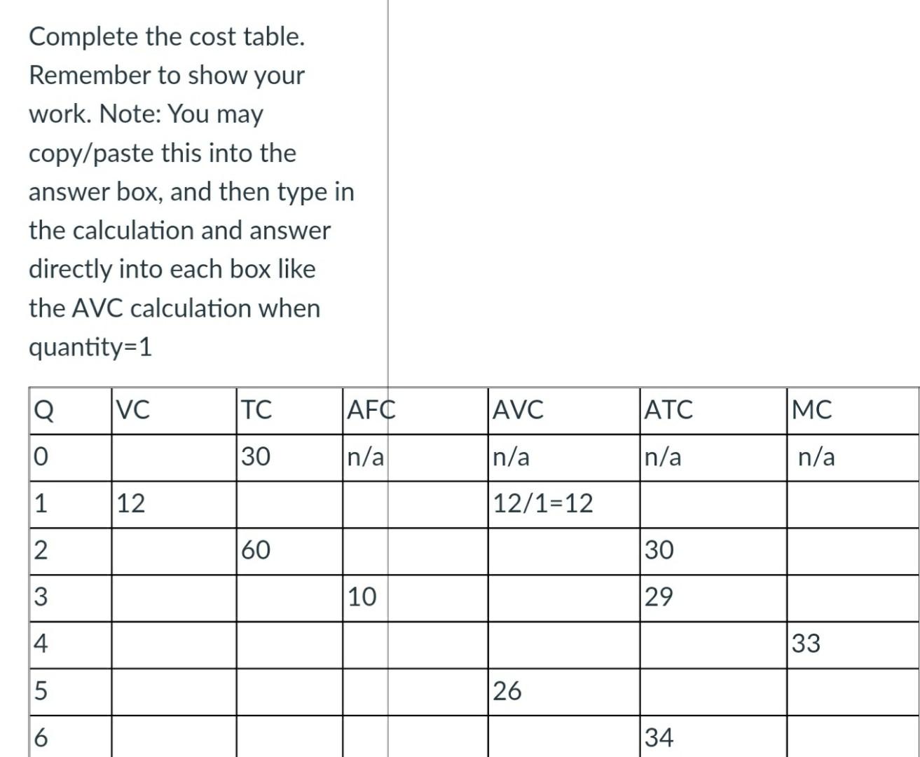 Solved Complete the cost table. Remember to show your work. | Chegg.com