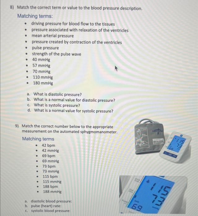 Solved 8) Match the correct term or value to the blood | Chegg.com