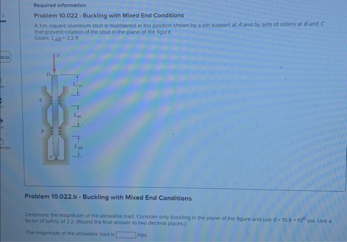 Solved Problem 10.022. Buckling with Mixed End Conditions A | Chegg.com