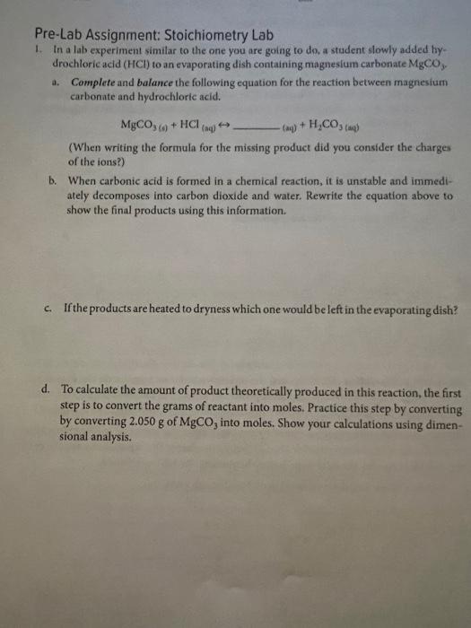 Solved Pre-Lab Assignment: Stoichiometry Lab 1. In a lab | Chegg.com