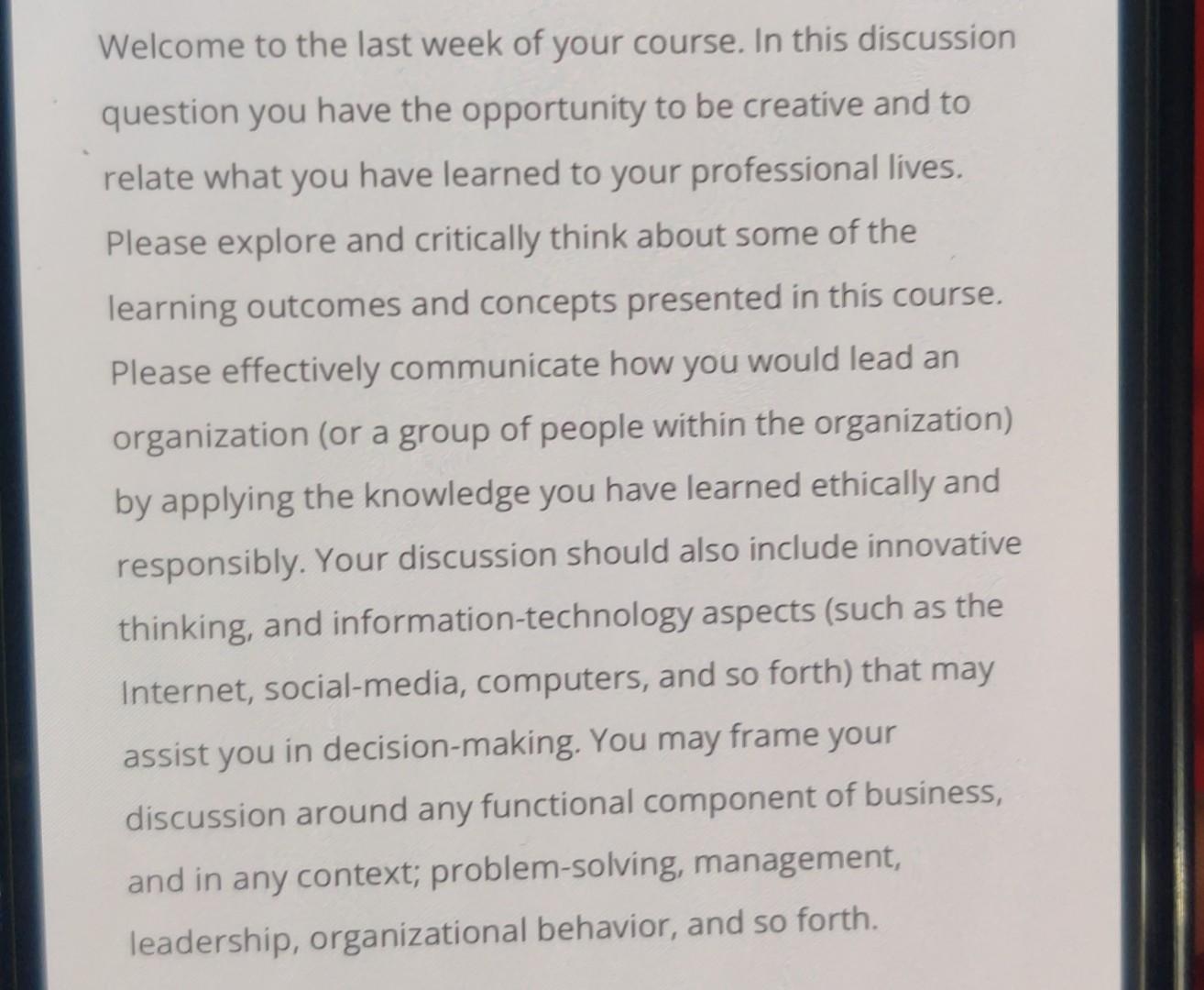 Solved Welcome to the last week of your course. In this | Chegg.com