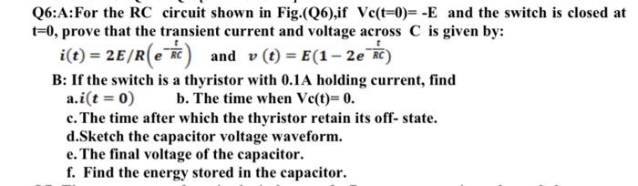 Solved Q6:A:For the RC circuit shown in Fig. (Q6), if | Chegg.com