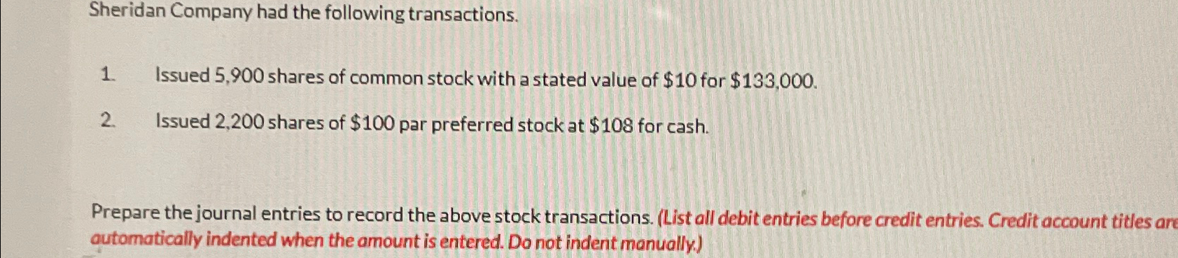 Solved Sheridan Company had the following transactions.1 | Chegg.com