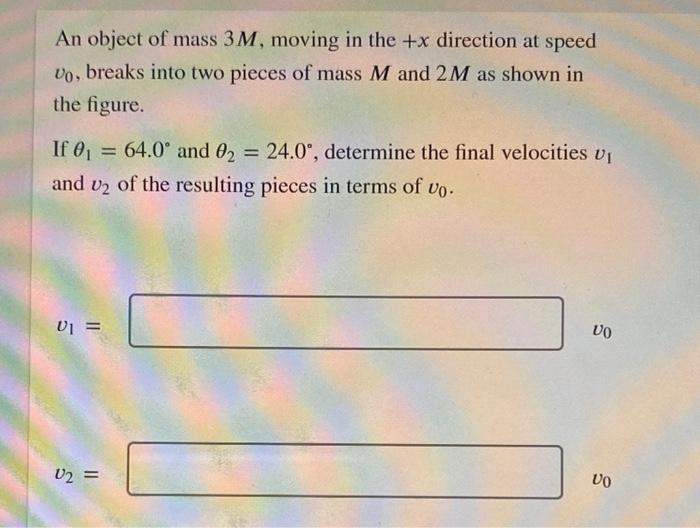 Solved An object of mass 3M, moving in the +x direction at | Chegg.com