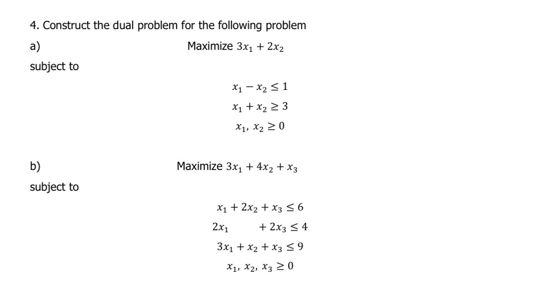Solved Construct the dual problem for the following | Chegg.com