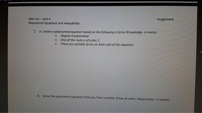 Solved MHF4U-Unit 4 Polynomial Equations and inequalities | Chegg.com