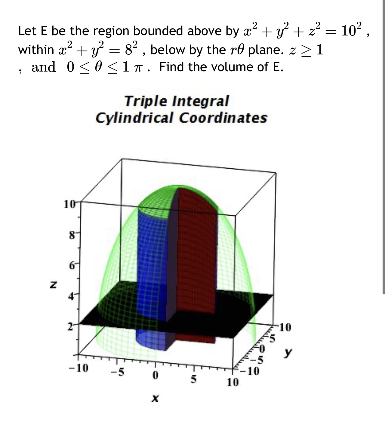 Solved Let E ﻿be the region bounded above by x2+y2+z2=102, | Chegg.com