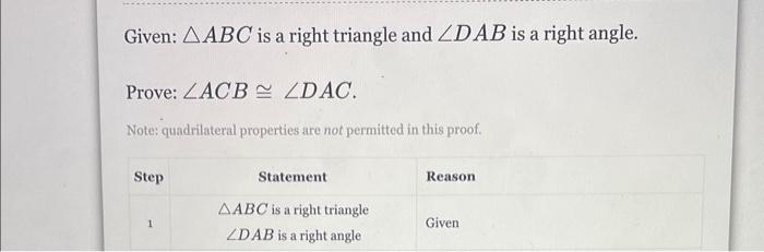 Solved Given: ABC is a right triangle and ∠DAB is a right | Chegg.com
