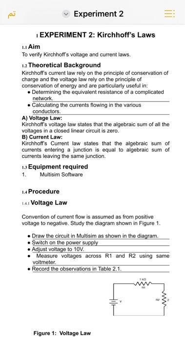 Solved 1 EXPERIMENT 2: Kirchhoff's Laws 1.1 Aim To verify | Chegg.com