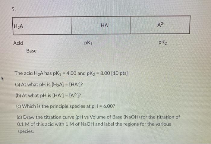 Solved 5 . H₂A НА" A2- Acid рк, pk2 Base The acid H2A has | Chegg.com