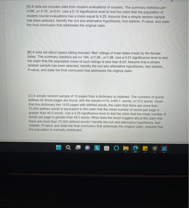 Solved [A] A data set includes data from student evaluations | Chegg.com