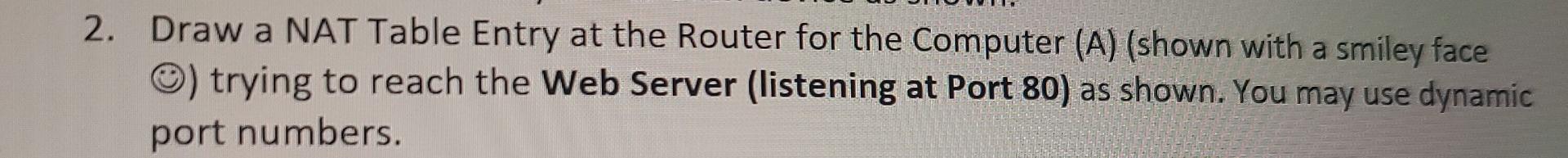 Solved 2. Draw a NAT Table Entry at the Router for the | Chegg.com