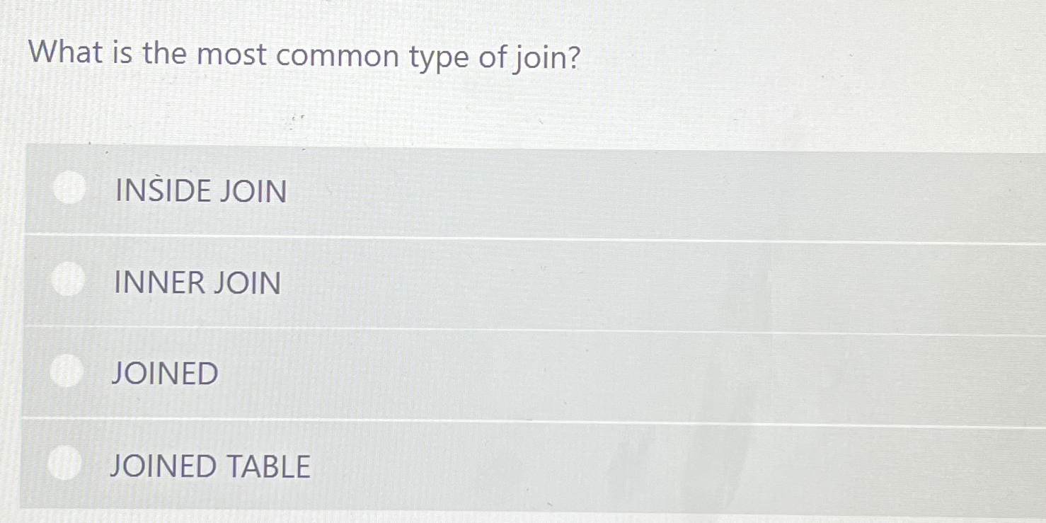 Solved What is the most common type of join?INṠIDE JOININNER | Chegg.com